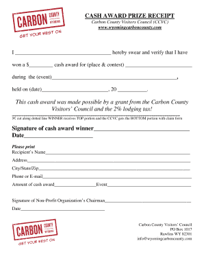 Fillable Online CASH AWARD PRIZE RECEIPT - Carbon County Wyoming Fax ...
