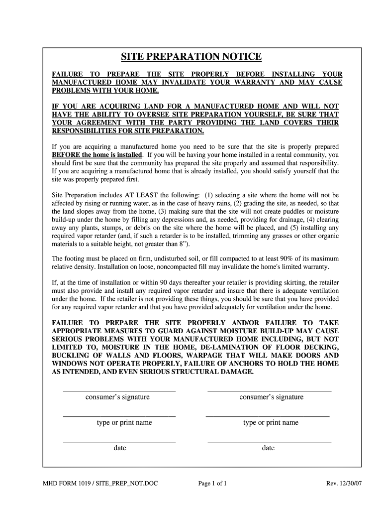 Fillable Online SITE PREPARATION NOTICE SITE PREPARATION NOTICE Fax ...