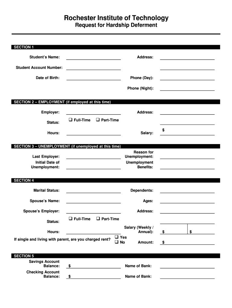 Fillable Online rit Request for bHardship Defermentb - Rochester ...