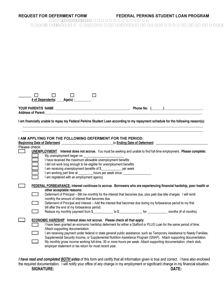 Federal Perkins Student Loan Deferment Form - Blank Fillable Template ...