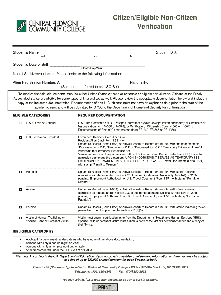 Fillable Online cpcc CitizenEligible Non-Citizen Verification - Welcome to CPCC Fax Email Print ...