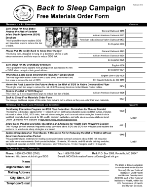 Fillable Online kidsks Back to Sleep Free Materials Order Form Lists ...