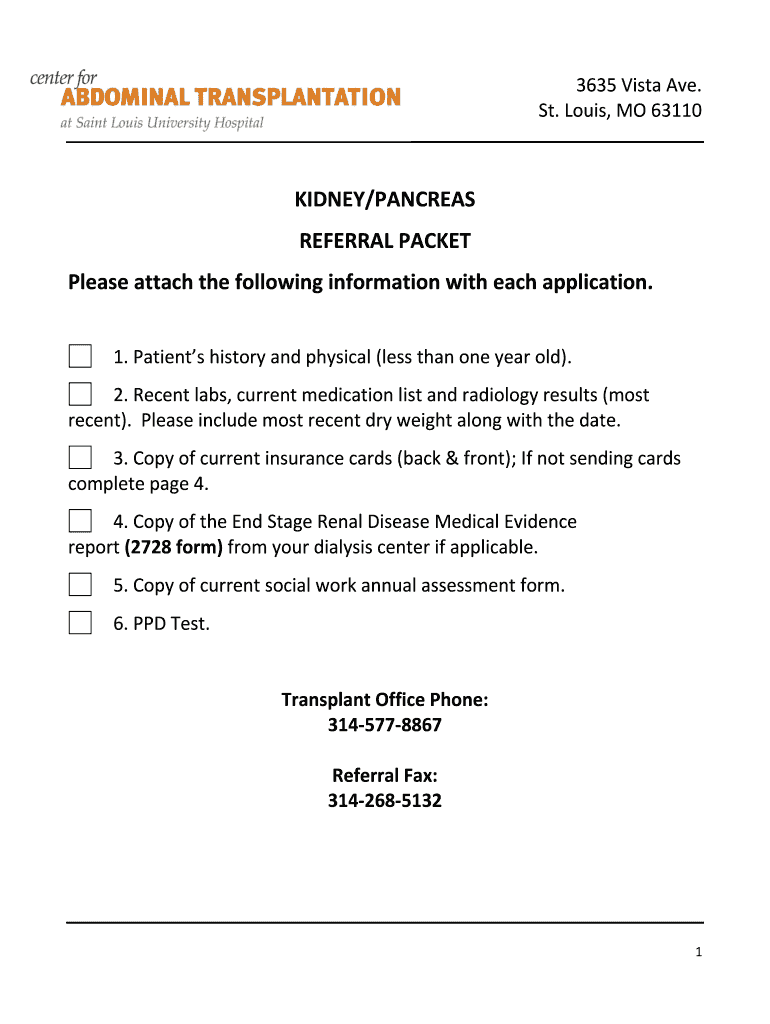 Fillable Online KIDNEYPANCREAS REFERRAL PACKET Please attach the Fax ...