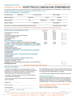 Fillable Online Registration Form American Headache Society November 15 ...