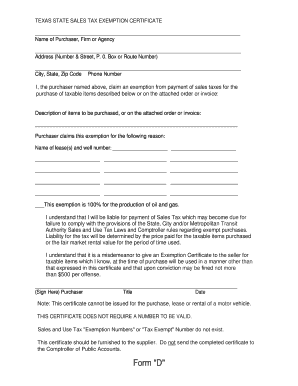 Fillable Online TEXAS STATE SALES TAX EXEMPTION CERTIFICATE Fax Email ...