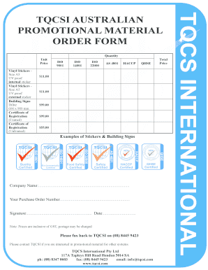 Fillable Online Promotional Material Order Form - TQCS I Fax Email ...