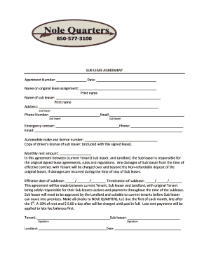 Fillable Online SUB LEASE AGREEMENT Print name - nolequarterscom Fax ...
