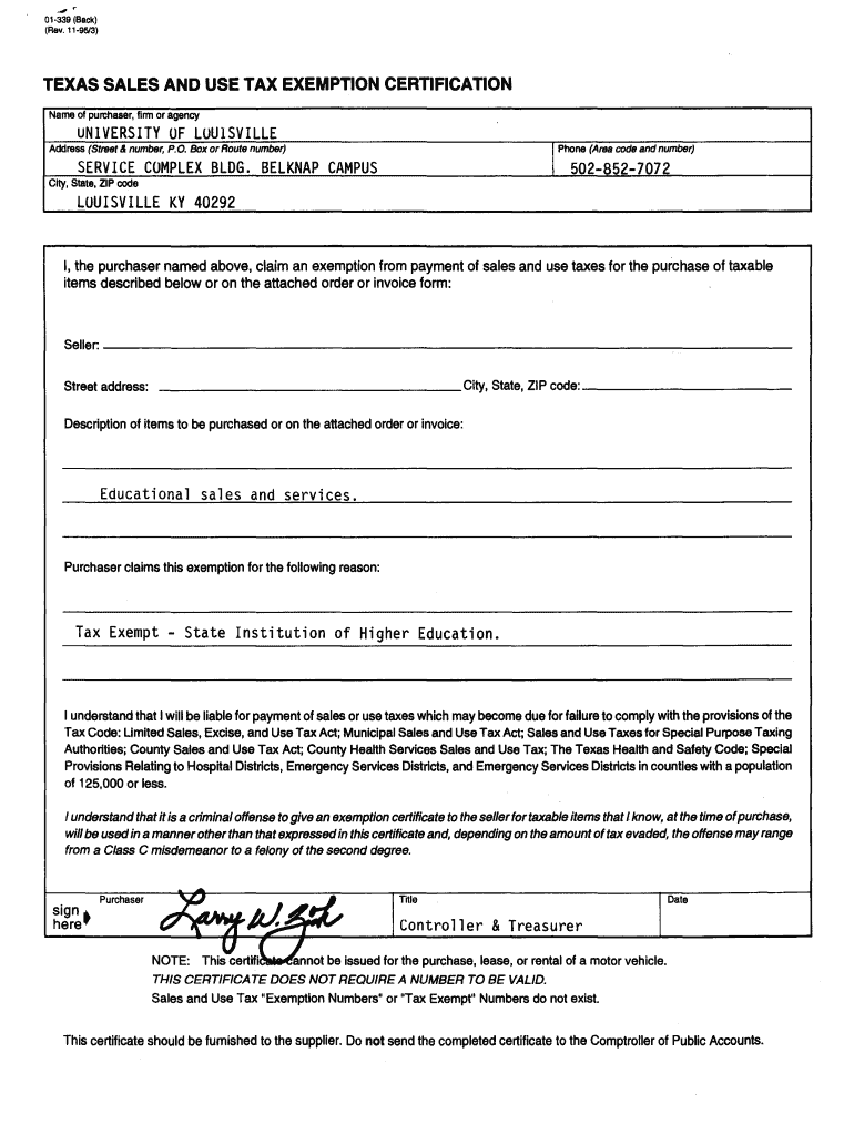 Texas Tax Exempt Certificate texas - louisville - Blank Fillable ...