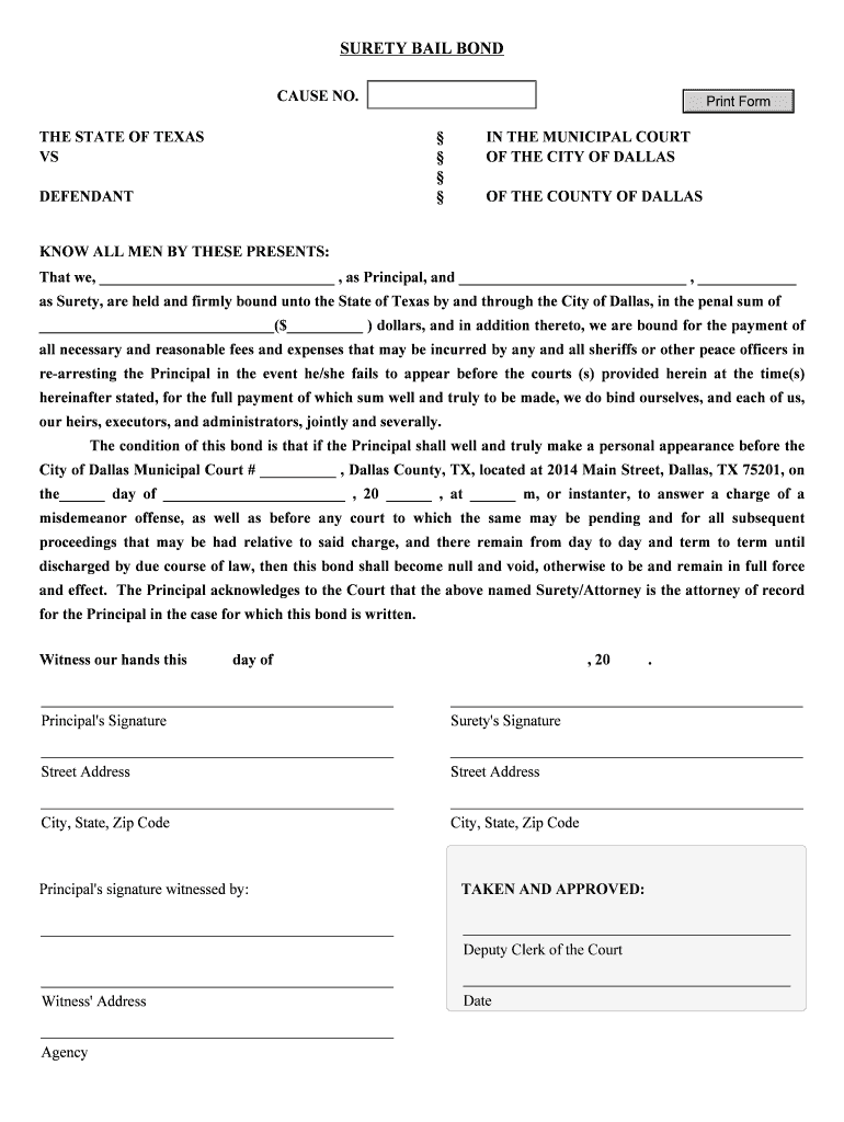 Fillable Online SURETY BAIL BOND - Dallas Fax Email Print - pdfFiller