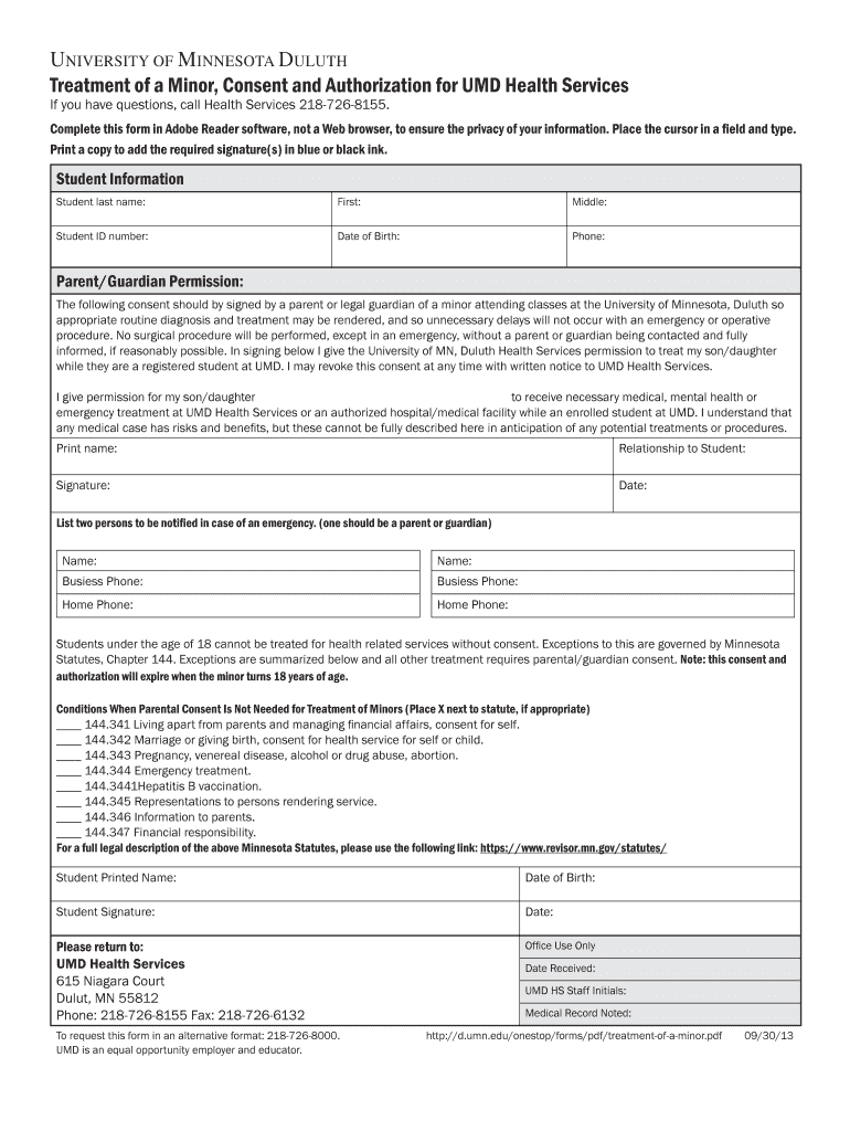 Fillable Online d umn UNIVERSITY OF MINNESOTA DULUTH Treatment of a ...