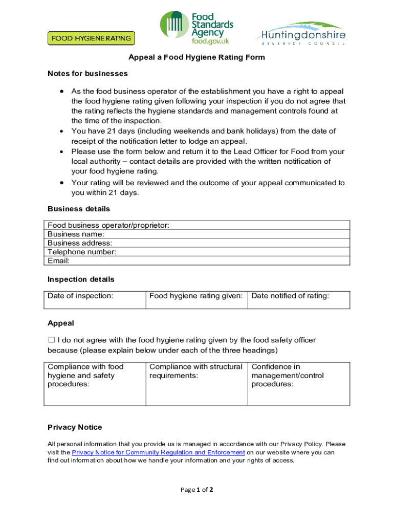 Fillable Online Food Hygiene Rating Scheme appeal form, for ... Fax ...