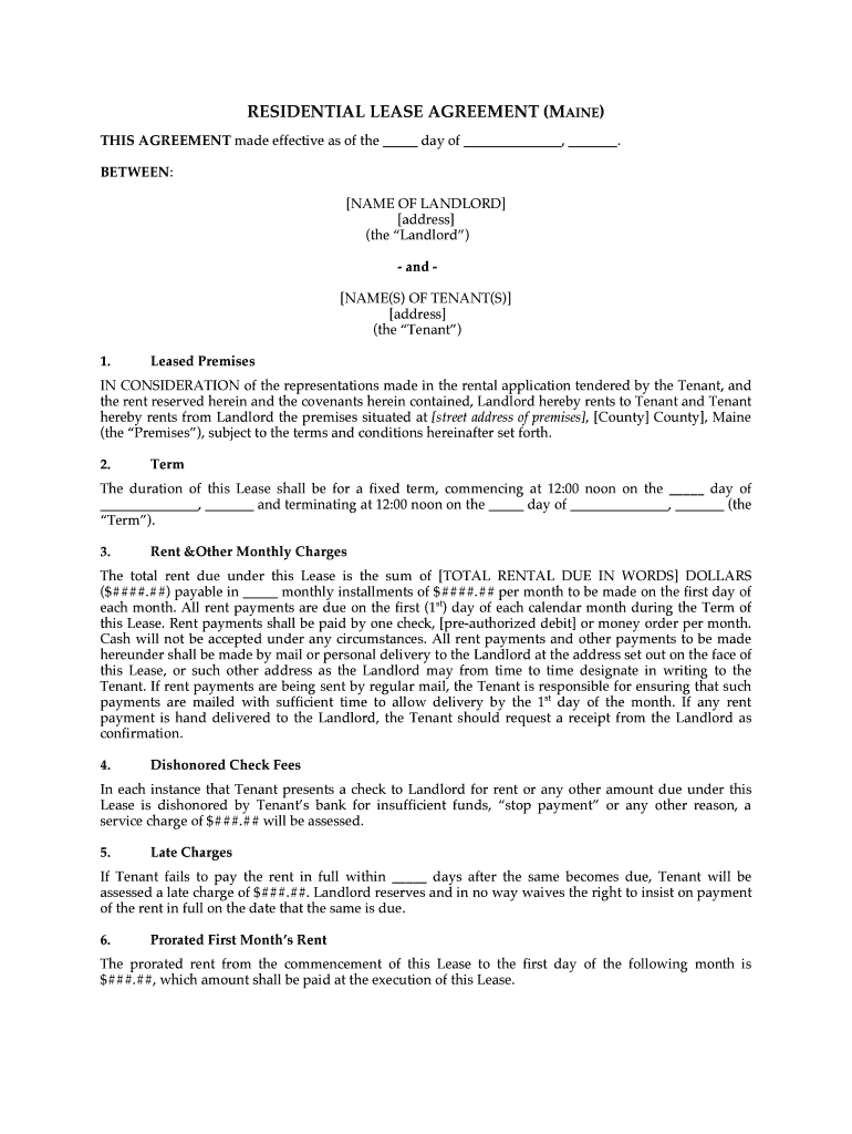 Fillable Online RESIDENTIAL LEASE AGREEMENT MAINE - megadoxcom Fax Email Print - pdfFiller