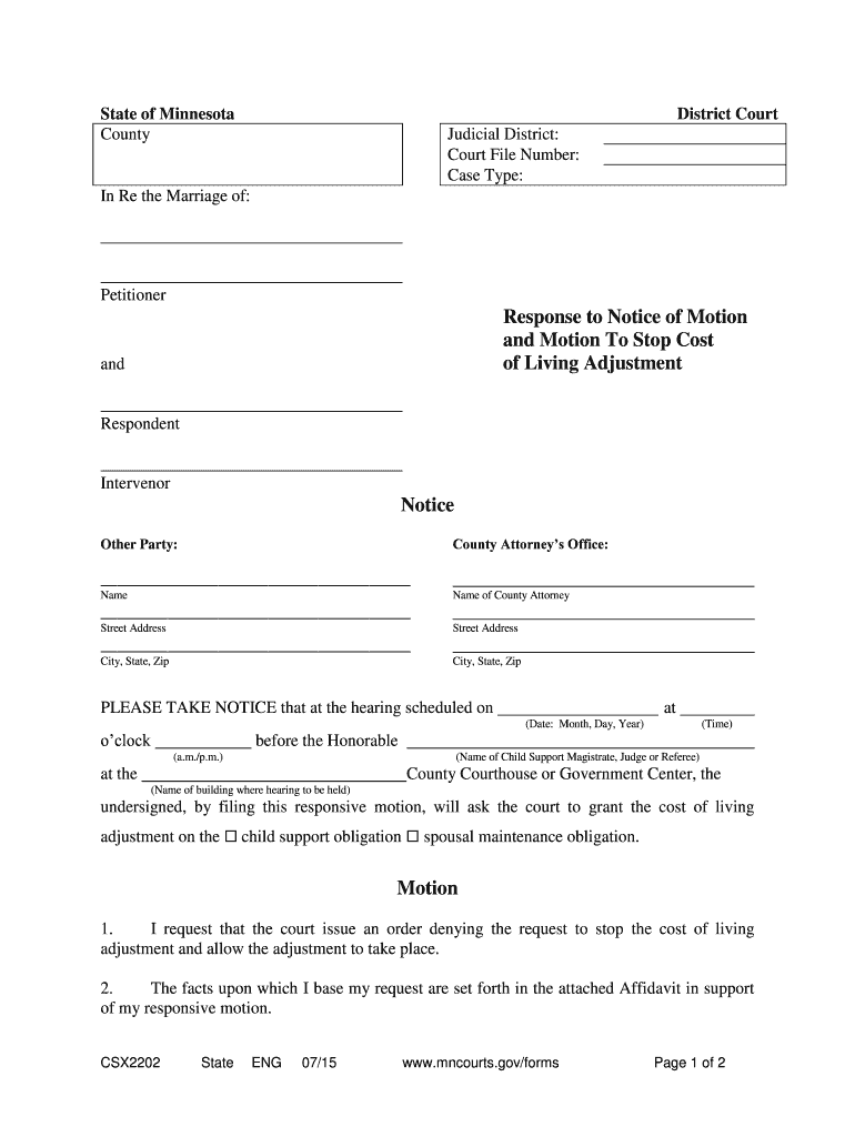 Fillable Online mncourts Response to Notice of Motion and Motion To ...
