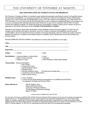 Fillable Online SELF IDENTIFICATION OF VETERAN STATUS AND DISABILITY Fax Email Print - pdfFiller