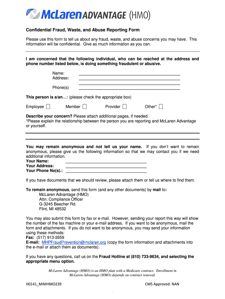 Fillable Online mclarenhealthplan Confidential bFraudb Waste and Abuse Reporting bFormb Fax ...