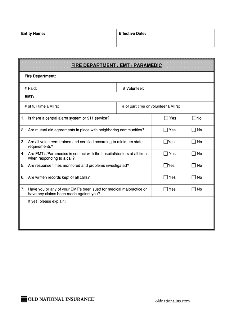 Fire Department EMT Paramedic Assessment Form - Blank Fillable Template ...