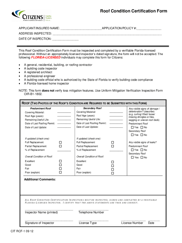 Fillable Online Roof Condition Certification Form - DoubleCheck Fax ...