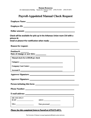 Fillable Online hr uark FAX Payroll-Appointed Manual Check Request Fax ...