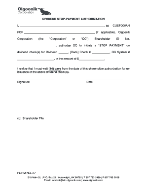 Fillable Online DIVIDEND STOP-PAYMENT AUTHORIZATION - Olgoonik Fax ...