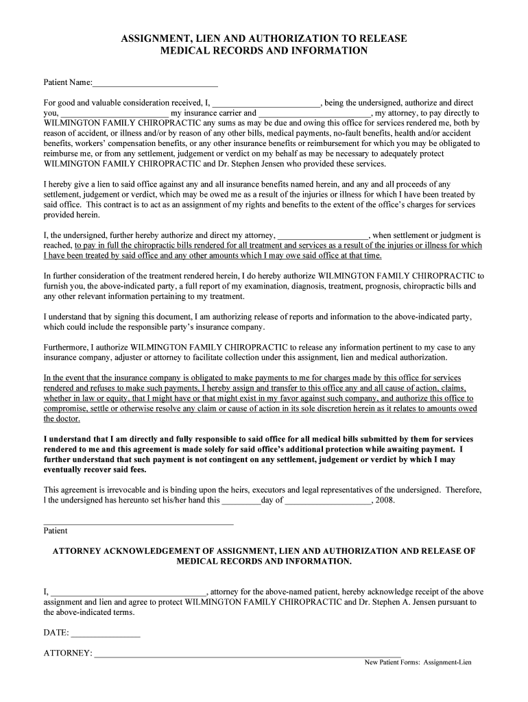 Fillable Online Bassignmentb lien and authorization to release medical ...