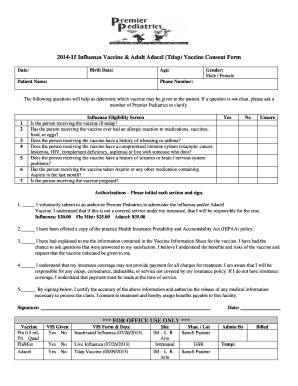 Fillable Online 2014-15 Influenza Vaccine & Adult Adacel (Tdap) Vaccine ...