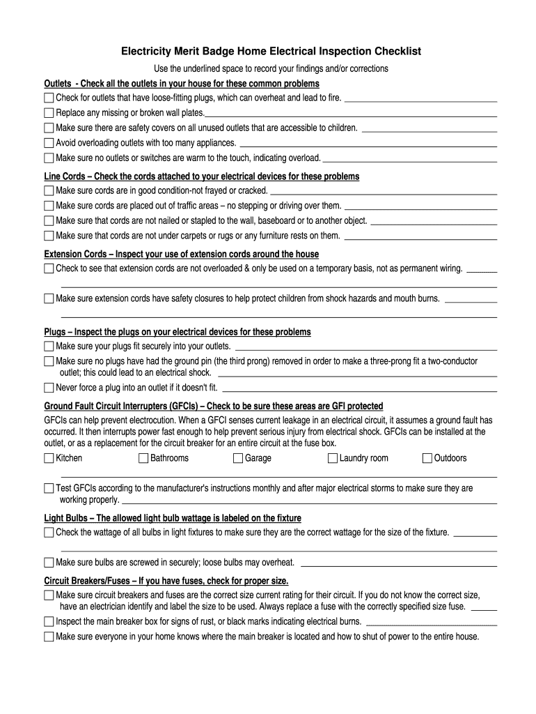 Fillable Online Electricity Home Inspection Checklist Merit Badge ...