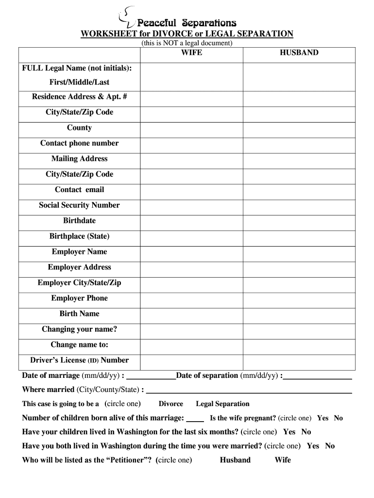 Fillable Online Peaceful Separations WORKSHEET for DIVORCE or Fax Email ...