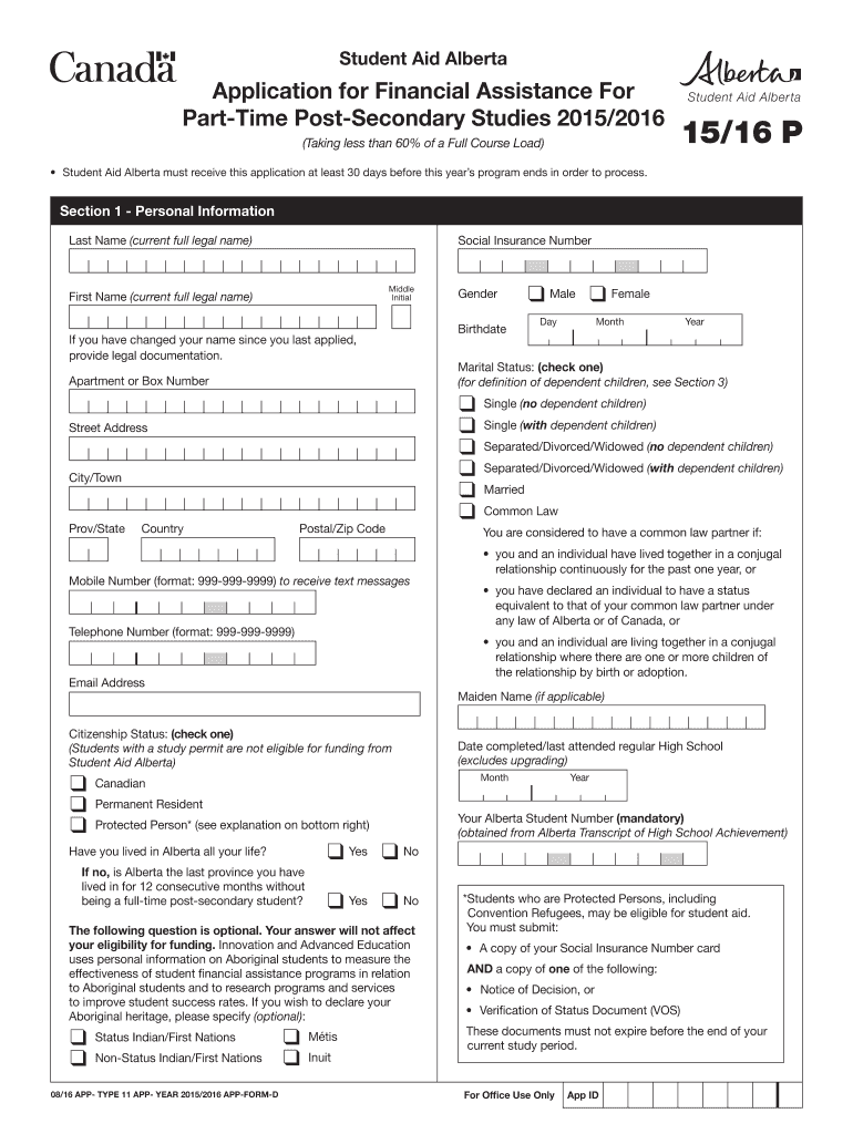 Fillable Online Part-Time Student Aid Alberta Application 1516 Fax ...