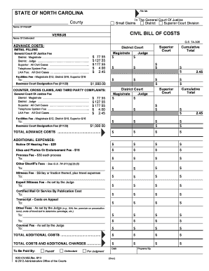 Fillable Online STATE OF NORTH CAROLINA CIVIL bBILLb OF bCOSTSb Fax ...