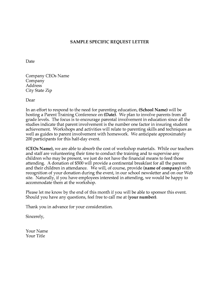 Fillable Online SAMPLE SPECIFIC REQUEST LETTER - Partners In Education ...