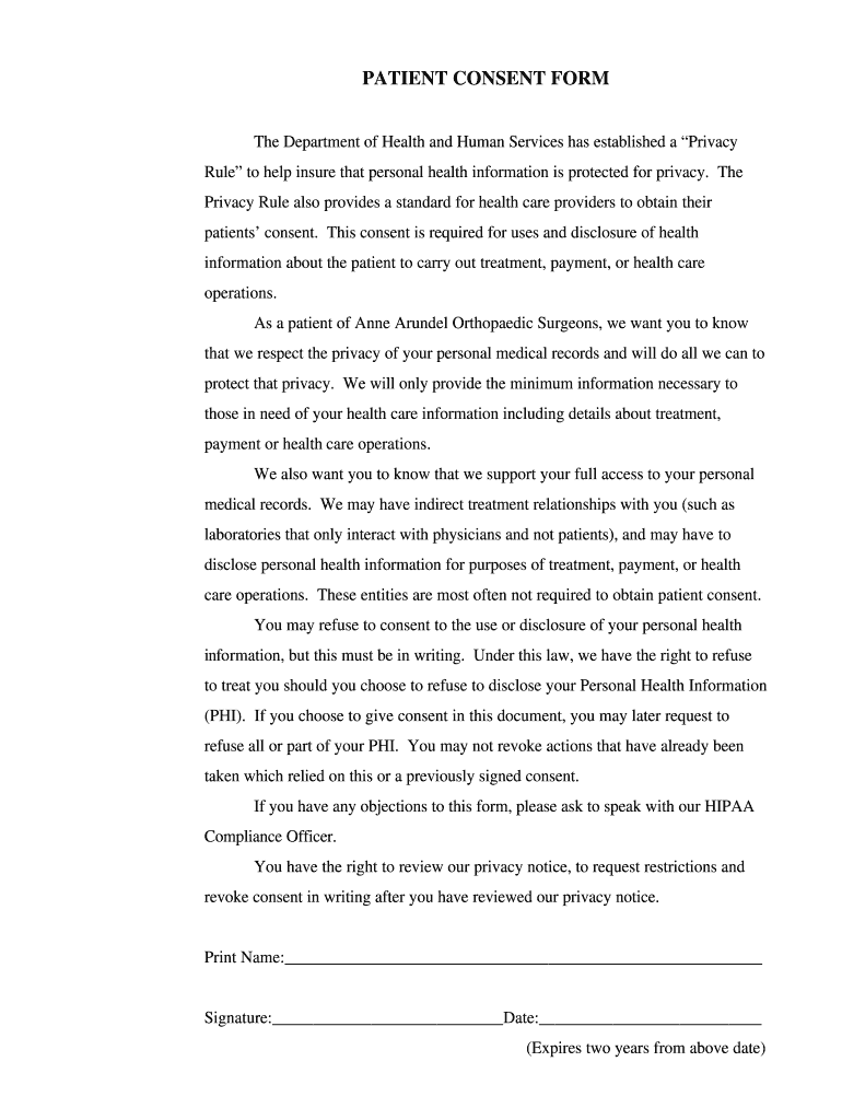 Fillable Online aaos PATIENT CONSENT FORM - Anne Arundel Orthopedic Fax ...