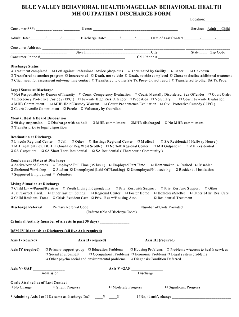 Fillable Online bvbh Discharge Codes - Blue Valley Behavioral Health ...