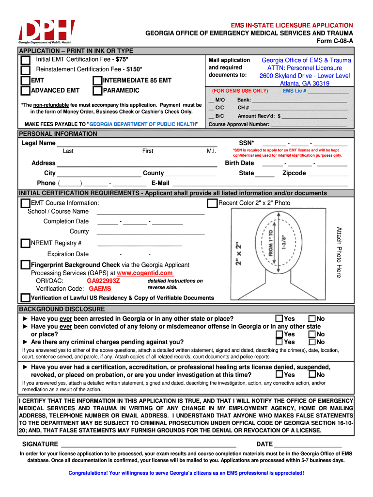 Fillable Online EMS INSTATE LICENSURE APPLICATION GEORGIA OFFICE OF ...