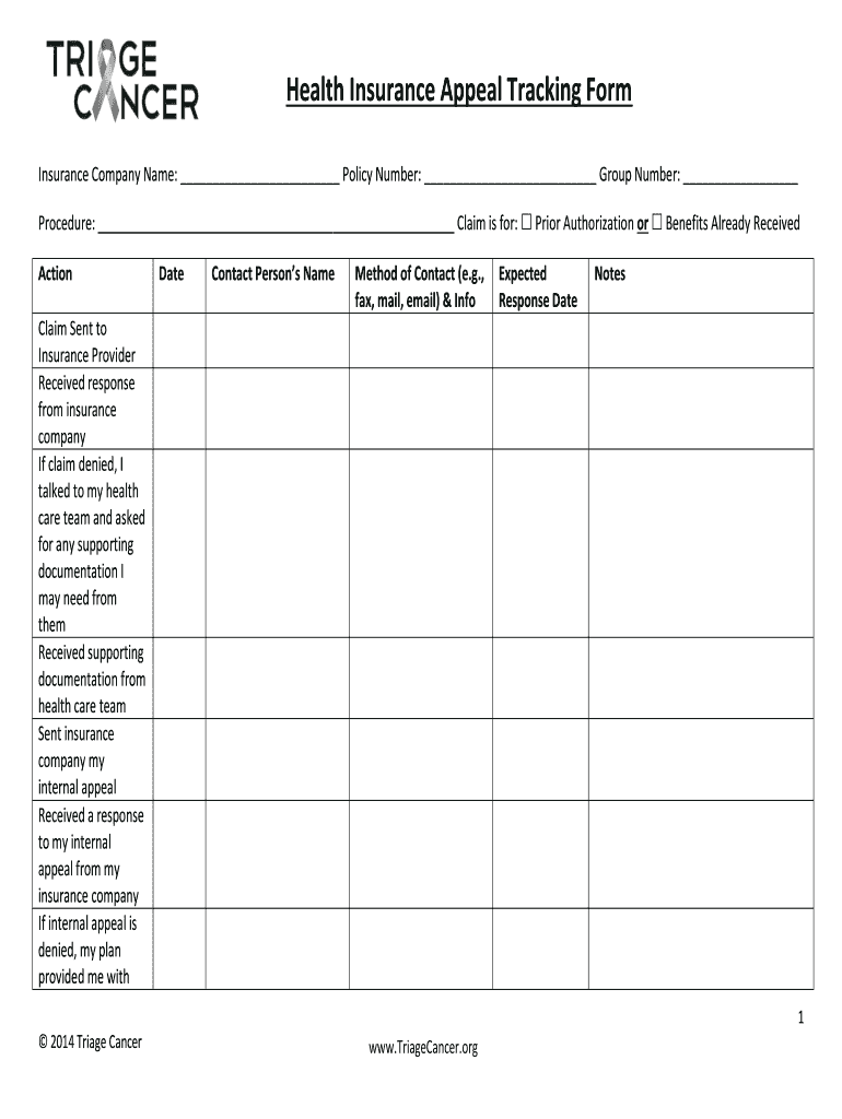 Fillable Online triagecancer Health Insurance Appeal Tracking Form ...