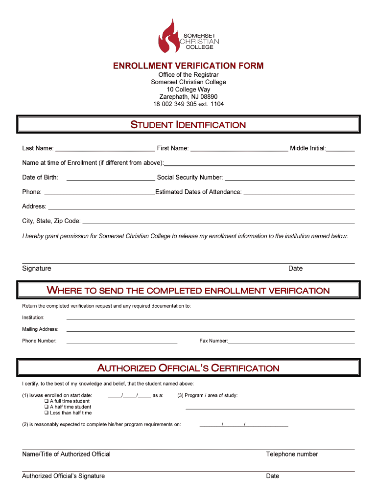 Fillable Online pillar ENROLLMENT VERIFICATION FORM - pillaredu Fax ...