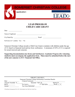 Fillable Online pillar CHILD CARE GRANT FORM FOR LEAD - pillaredu Fax ...