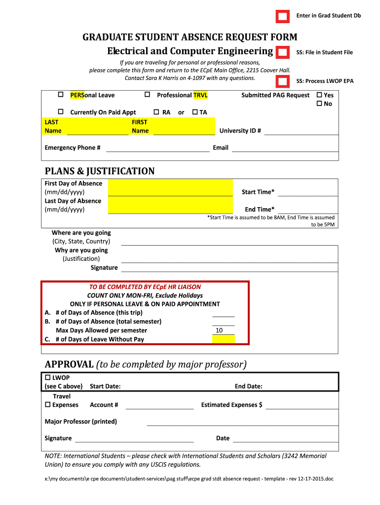 Fillable Online ece iastate GRADUATE STUDENT ABSENCE REQUEST FORM and ...