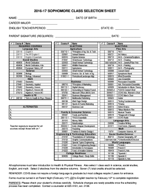 Fillable Online 2016-17 SOPHOMORE CLASS SELECTION SHEET Fax Email Print ...