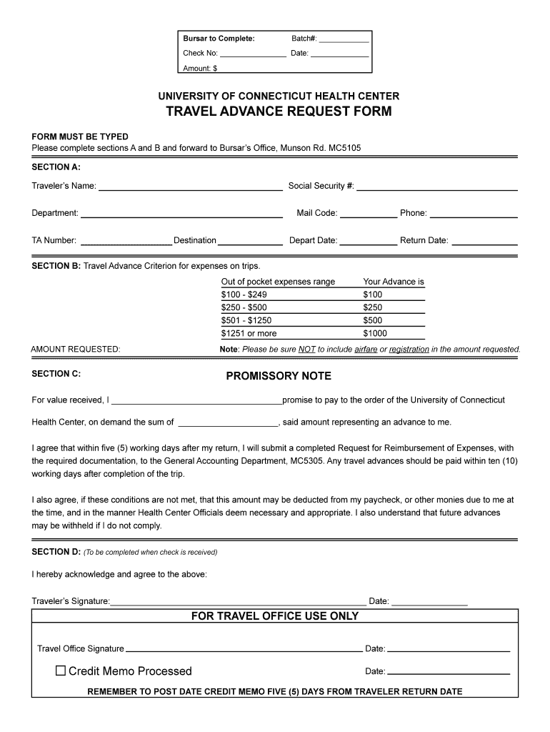 Fillable Online fiscalservices uchc Travel advance request2 - Finance Department Fax Email Print ...