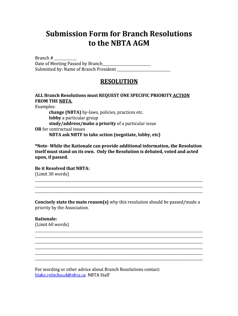 Fillable Online NBTA Branch Resolution Submission Form Fax Email Print - pdfFiller