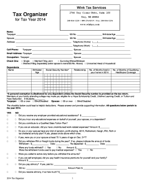 Fillable Online 2014 Tax Organizer - Wink Tax Services Fax Email Print ...