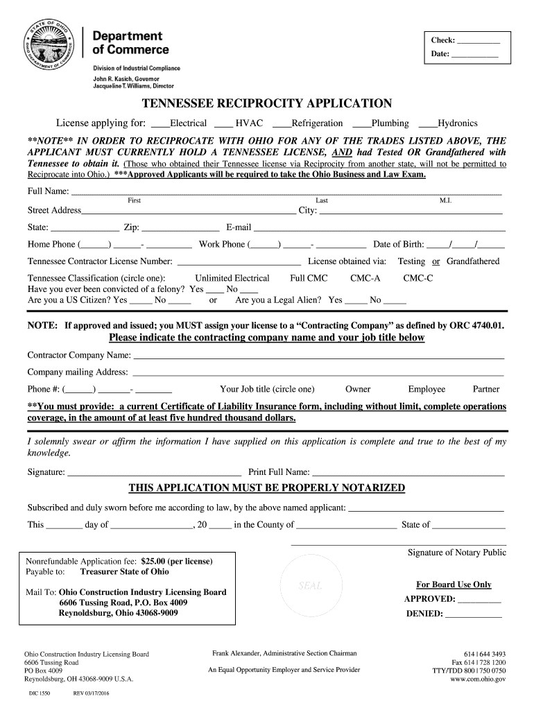 Fillable Online com ohio TENNESSEE RECIPROCITY APPLICATION - com ohio ...