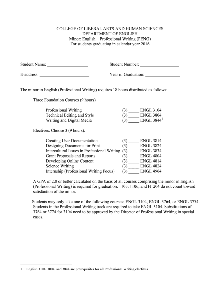 Fillable Online undergraduate english vt DEPARTMENT OF ENGLISH Minor ...