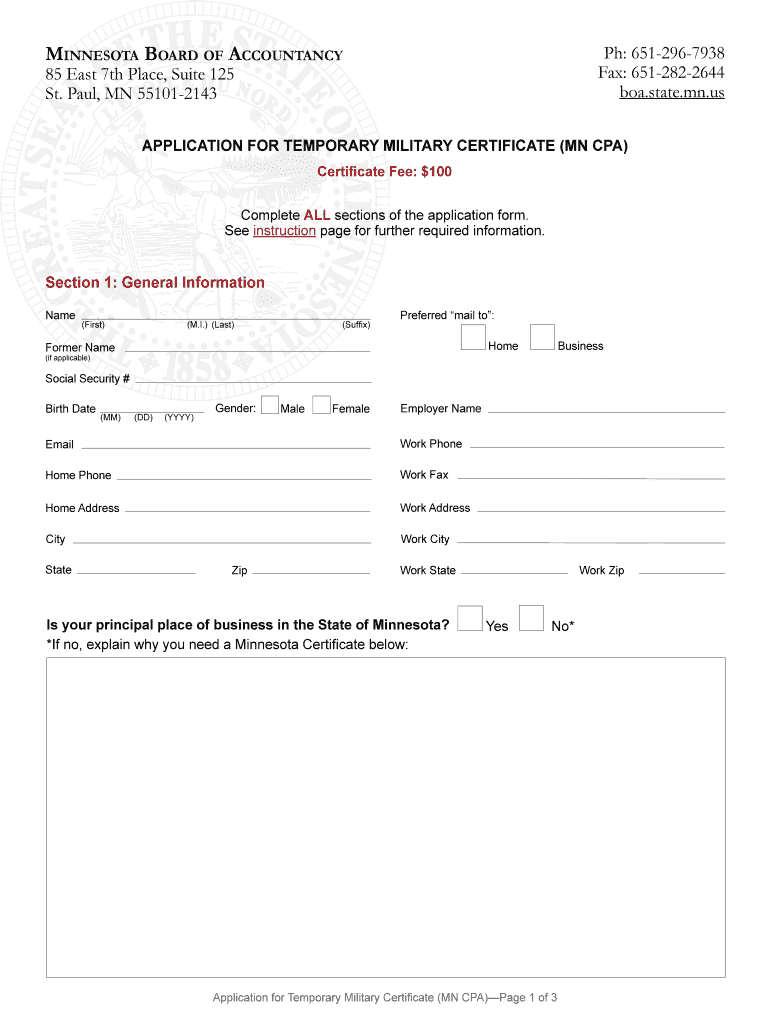 Fillable Online Application for Temporary Military Certificate MN CPA ...