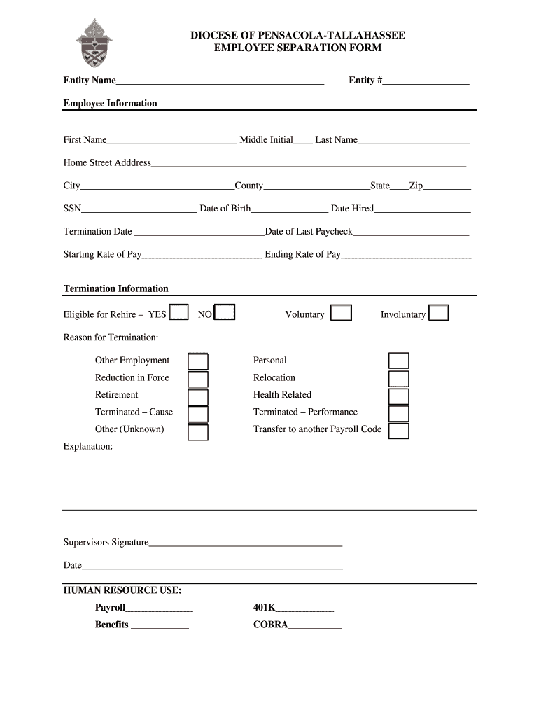 Fillable Online ptdiocese DIOCESE OF PENSACO LA-TALLAHASSEE EMPLOYEE SEPARATION FORM Fax Email ...