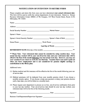 Fillable Online NOTIFICATION OF INTENTION TO RETIRE FORM - We Energies ...