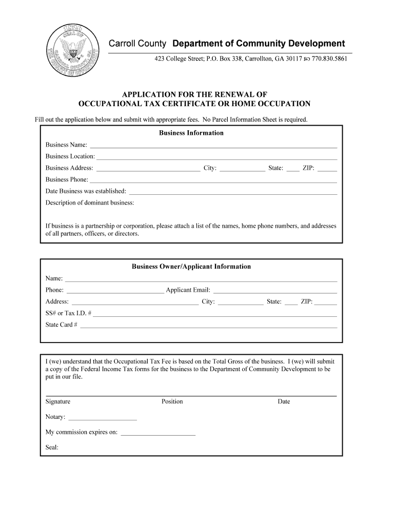 Fillable Online Carroll County Occupational Tax Certificate Renewal ...