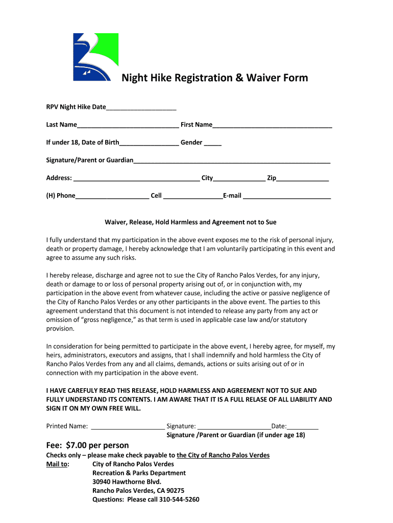 Fillable Online Night Hike Registration & Waiver Fax Email Print ...