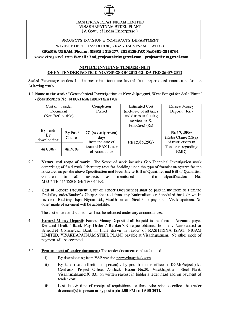 Fillable Online NOTICE INVITING TENDER (NIT) Fax Email Print - pdfFiller