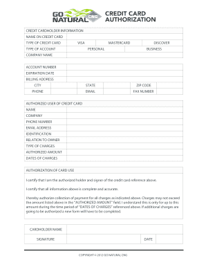 Fillable Online Credit Card Authorization Form - Go Natural CNG Fax ...